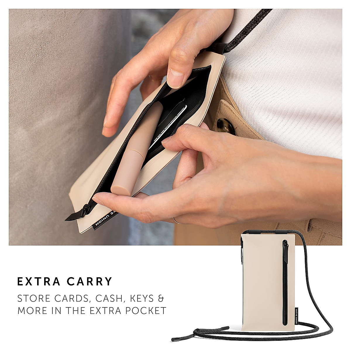 Native Union Sling Tech Carrier – Water-Repellent Adjustable Crossbody Pouch for Phone & Essentials, Stores Cards, Cash, Keys & More – 2 Zippered Compartments with Light Protection (Sand)