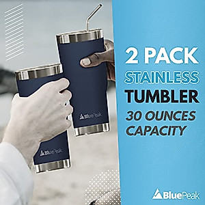 BluePeak Double Wall Vacuum Stainless Steel Insulated Tumblers Set, 2-Pack - Includes 2 Sipping Lids, 2 Spill-Proof Sliding Lids, 2 Straws, 1 Cleaning Brush & Gift Box (30 oz, Navy)