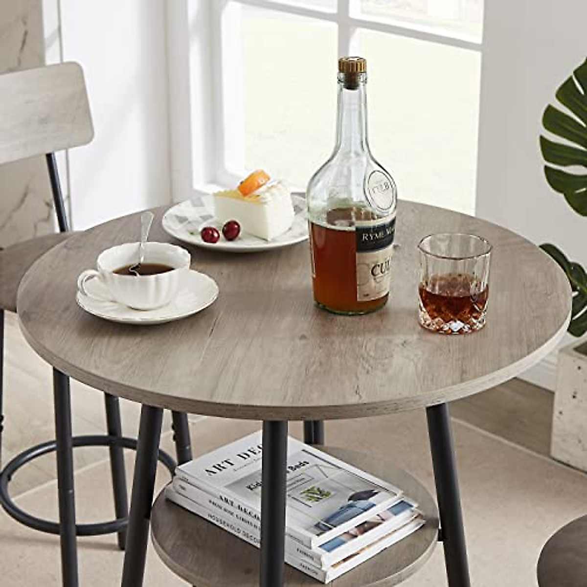CUANBOZAM 3-Piece Bar Table Set for 2, Small 2-Tier Round Bistro Pub Dining Table & PU Upholstered Stools with Backrest, Counter Height Table and Chairs Set for Kitchen Small Space, Grey