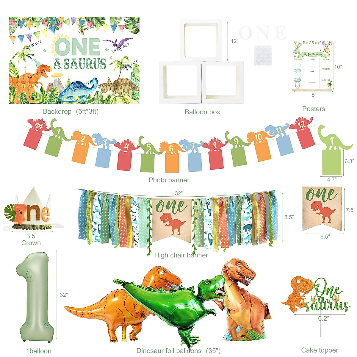 YJDFWAUT One a Saurus Birthday Decorations, Dinosaur 1st Birthday Decorations Party Supplies, Dinosaur First Birthday Balloon Garland Balloon Box, 1st Birthday Highchair Banner Photo Banner Backdrop