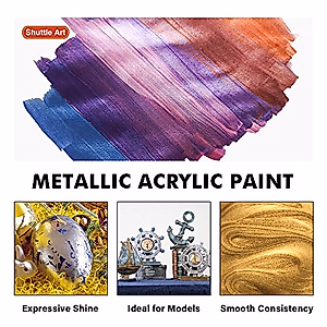 Metallic Acrylic Paint Set, Shuttle Art 20 Colors Metallic Paint in Bottles (60ml, 2oz) with 3 Brushes and 1 Palette, Rich Pigments, Non-Toxic for Artists, Beginners on Rocks Crafts CanvasWood Fabric