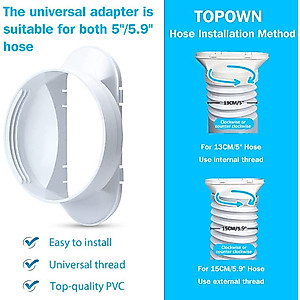TOPOWN Portable Ac Window Kit, 5"/5.9" Hose Universal Window Slide Kit Plate for Ac Window Vent Kit Vertical/Horizontal -Max Adjustable Length 122cm/48- with 5.9"/15cm and 5"/13cm Adaptor