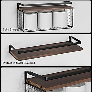 2Pcs Wall Mount Wooden Floating Shelves Metal Wire Mesh Basket Large Capacity Bathroom Shelves Over Toilet Storage Holder Organizer Rack for Bathroom, Kitchen, Living Room, Wall Decor Light Brown