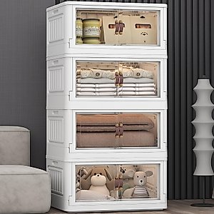 Shelime 4 Pack Foldable Storage Bins with Lids, 23 Gallon Collapsible Storage Bins with Doors and wheels, Stackable Storage Boxes Open Front, Plastic Closet Organziers for Home Bedroom.