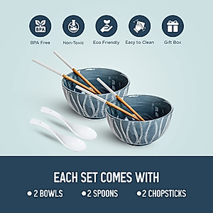 Ramen Bowl Set, Hand Painted, comes with 2 Ramen Bowls 2 Spoons and 2 Chopsticks, Ramen Bowl with Chopsticks, Pho Bowl, Noodle Bowl, Soup Bowl
