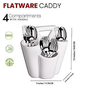 Farmhouse Decor 4 Section Ceramic Silverware Holder - Flatware and Cutlery Caddy - Kitchen Table Organizer (White)