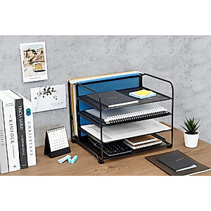 CAXXA 4 Tier Mesh Document Trays with Vertical Upright Section for Hanging File Holders, Mesh Office Supplies Desk Organizer, Black