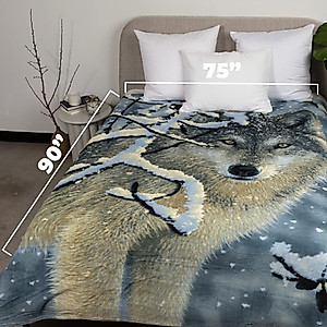 Dawhud Direct Silent Wolf Fleece Blanket for Bed, 75" x 90" Queen Size Winter Fleece Throw Blanket for Women, Men and Kids - Super Soft Plush Wolf Blanket Throw Animal Print Blanket, Blanket for Kids