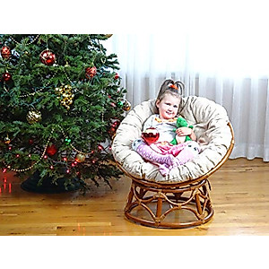Kids Papasan Wicker Rattan Chair Natural Handmade with Cream Cushion, Colonial Color