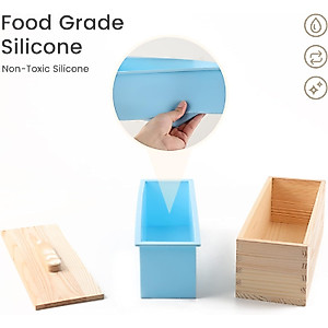 DOYOLLA Silicone Soap Loaf Molds Wood Box + Stainless Steel Wavy + Straight Cutters, 41oz, Random Color