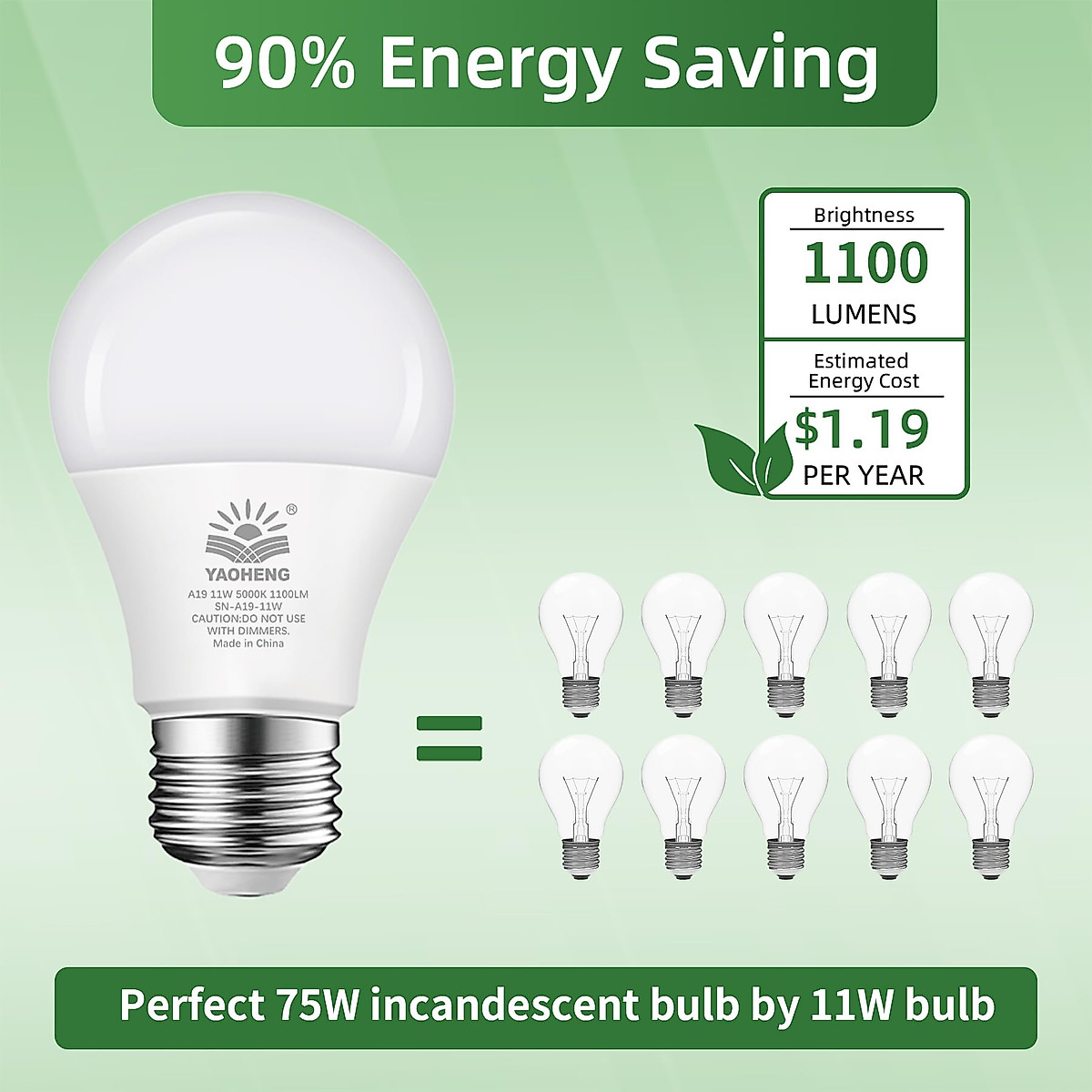 YAOHENG A19 LED Light Bulb 75 Watt Equivalent, 11 Watt Light Bulbs, 5000K Daylight, 1100 Lumens, Non-Dimmable, E26 Base Lightbulbs, Standard LED Bulbs for Home, ETL Listed(4-Pack)