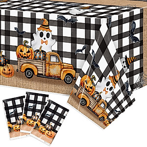Haooryx 3 Packs Halloween Party Little Boo Tablecloth Decoration Set, Cute Ghost Bat Pumpkin Disposable Plastic Tablecloth, Cartoon Plaid Table Cover for Halloween Table Decor Party Supplies