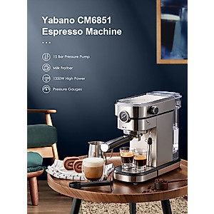 Yabano Espresso Machine, 15 Bar Fast Heating Espresso Coffee machine with Milk Frother Wand for Cappuccino, Large Water Tank, 1350W Automatic Espresso Latte Maker for Home