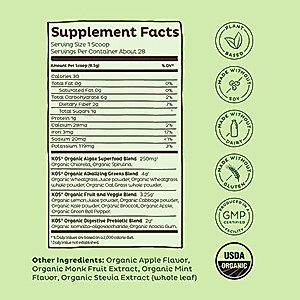 KOS USDA Organic Super Greens Powder - Plant Based Algae Superfood Blend with Spirulina, Chlorella & Wheatgrass - Keto, Vegan, Daily Green Juice Smoothie Drink - Green Apple Sorbet Flavor, 28 Servings