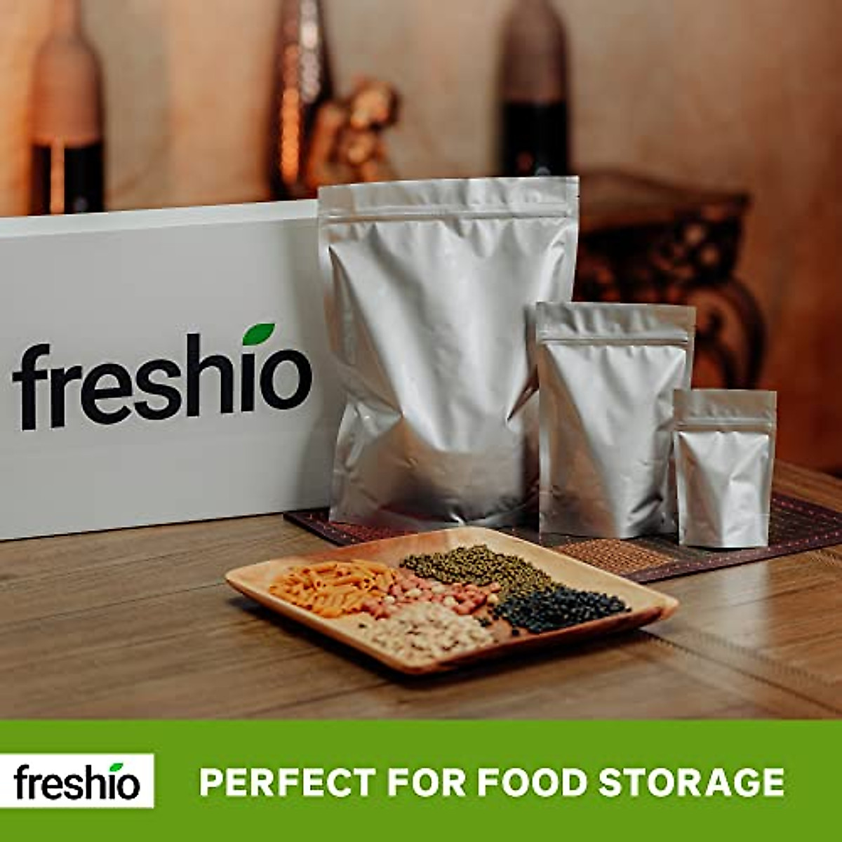 Freshio 10 Mil Extra thick Resealable Mylar Bags for Food Storage - Pack of 100 Mylar bags with oxygen absorbers 300 cc & Labels - 1 Gallon (25 pcs) - 1 Quart (35 pcs) - 1 Pint (40 pcs).