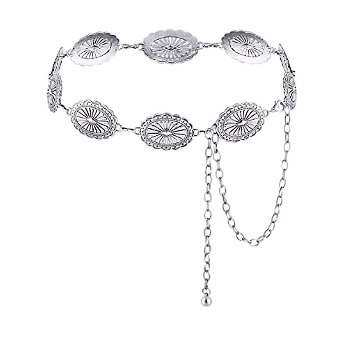 trypro Metal Waist Chain Belt for Women Western Cowgirl Adjustable Concho Silver Chain Belts for Dresses Jeans Gift
