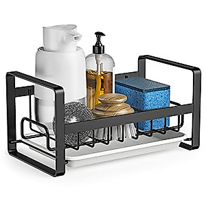 Kitchen Sink Caddy Sponge Holder, 304 Stainless Steel Sink Tray Drainer Rack, Soap Brush Dispenser, Countertop or Adhesive Sponge Holder Organizer for Sponge Dish Brush Soap with Removable Drain Tray