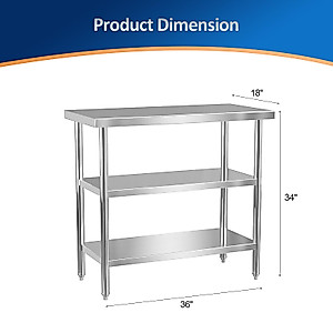 ROVSUN Stainless Steel Table with 2 Shelves 36 X 18 Inch, NSF Commercial Heavy Duty Prep & Work Table, Metal Utility Table for Kitchen, Restaurant, Home, Hotel, Garage