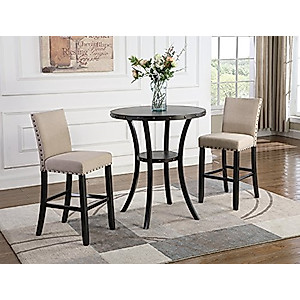 Roundhill Furniture Biony 3 Piece Set - 36" Round Espresso Bar Table with Nail Head Stools, Tan