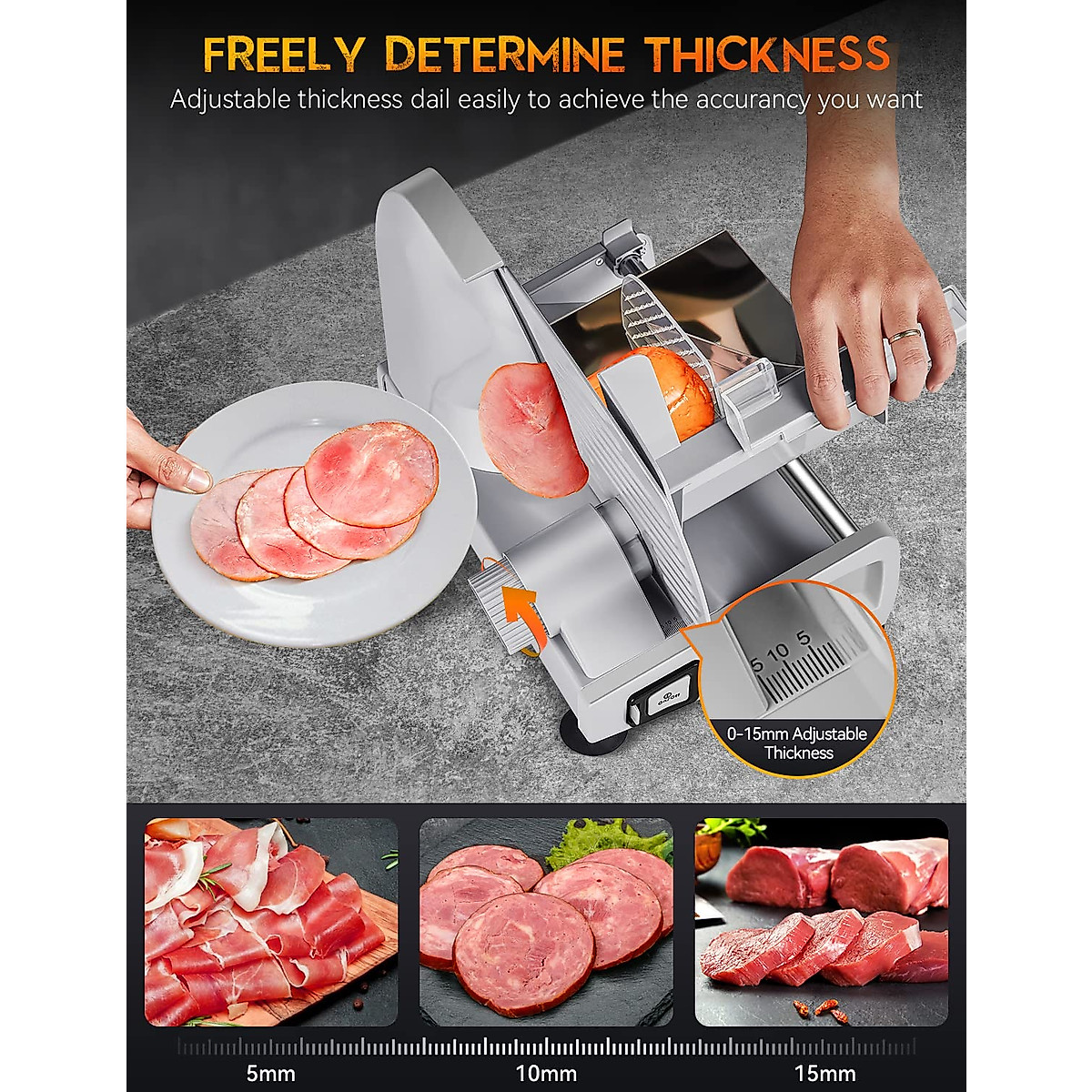 Meat Slicer Electric Deli Food Slicer with Removable 7.5’’ Stainless Steel Blade, Adjustable Thickness Meat Slicer for Home Use, Child Lock Protection, Easy to Clean, Silver, MIDONE