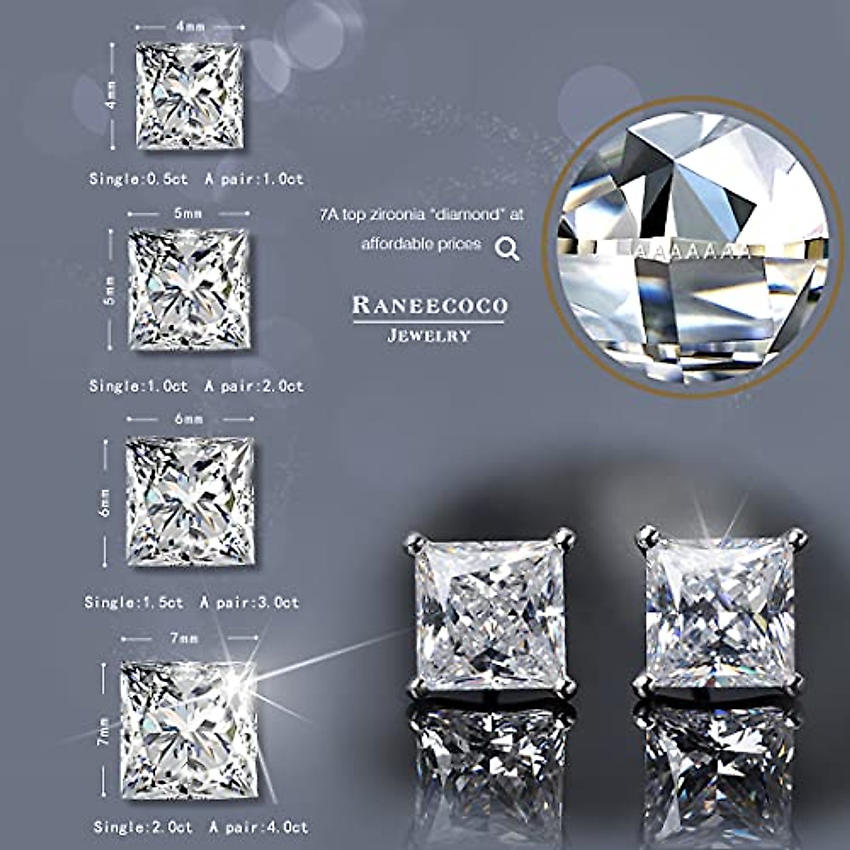 "STUNNING FLAME “18K White Gold Plated Sterling Silver Princess Cut Cubic Zirconia Stud Earrings for men women(w-7)