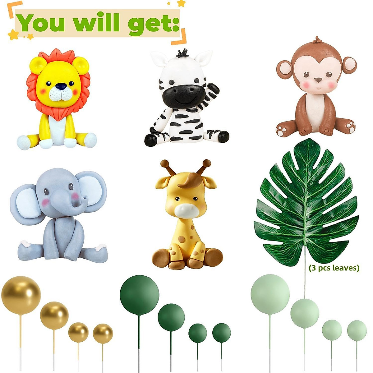 XLENGO 20 PCS Jungle Safari Animal Cake Topper with Lion Giraffe Monkey Elephant Zebra Colourful Balls Leaves Cake Decoration for Baby Shower Safari Birthday Party Supplies