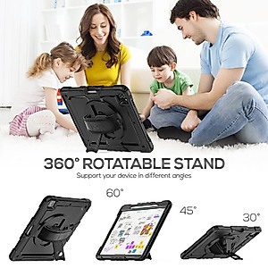 SEYMAC Case for iPad Pro 12.9 Case 2022/2021/ 2020/2018, Heavy Duty Protection Shockproof Case with Screen Protector, 360° Rotating Stand/Handle/Shoulder Strap, Supports Pencil 2 Charging, Black