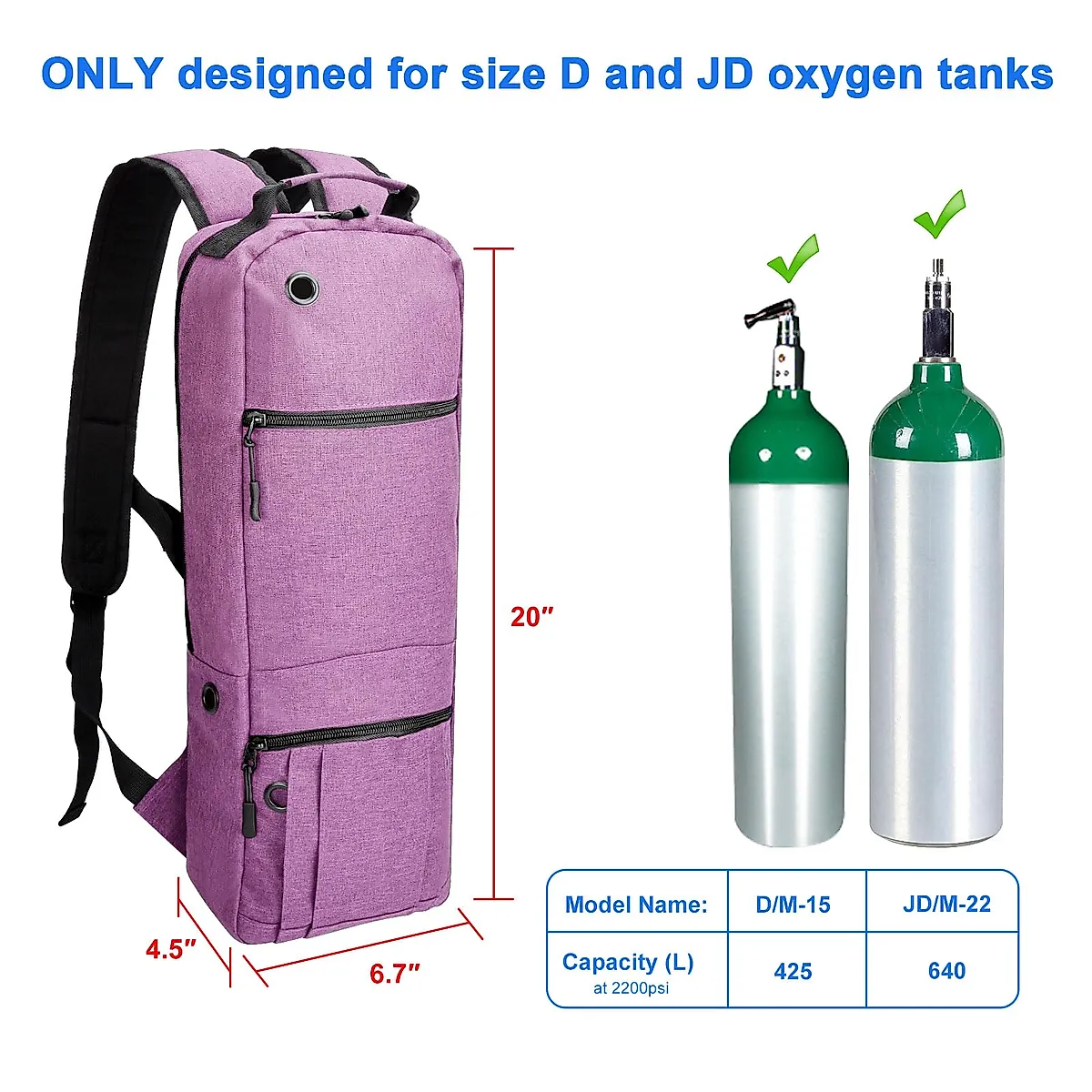 iGuerburn Oxygen Tank Backpack Size D, Portable Oxygen Backpack for D/M15 JD/M22 Cylinder Bag O2 Tank Carrier Holder for Travel (Purple)