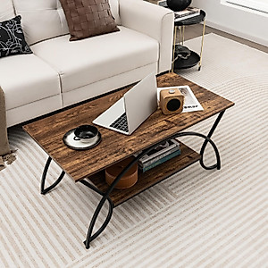 Giantex 2-Tier Rectangular Coffee Table, Wood Grain Table with Open Storage Shelf, Black Finished Metal Frame, Industrial Center Table for Living Room, Reception Room (Coffee)