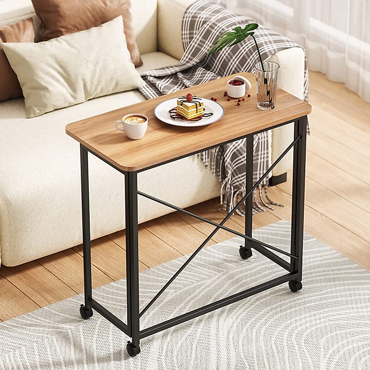 GUINJO Folding Desk with Wheels, No Assembly Required, 31.3/39.4 inch Mobile Writing Computer Desk Space Saving Foldable Table Simple Home Office Desk (Color : Wood, Size : 80 * 40 * 75cm)