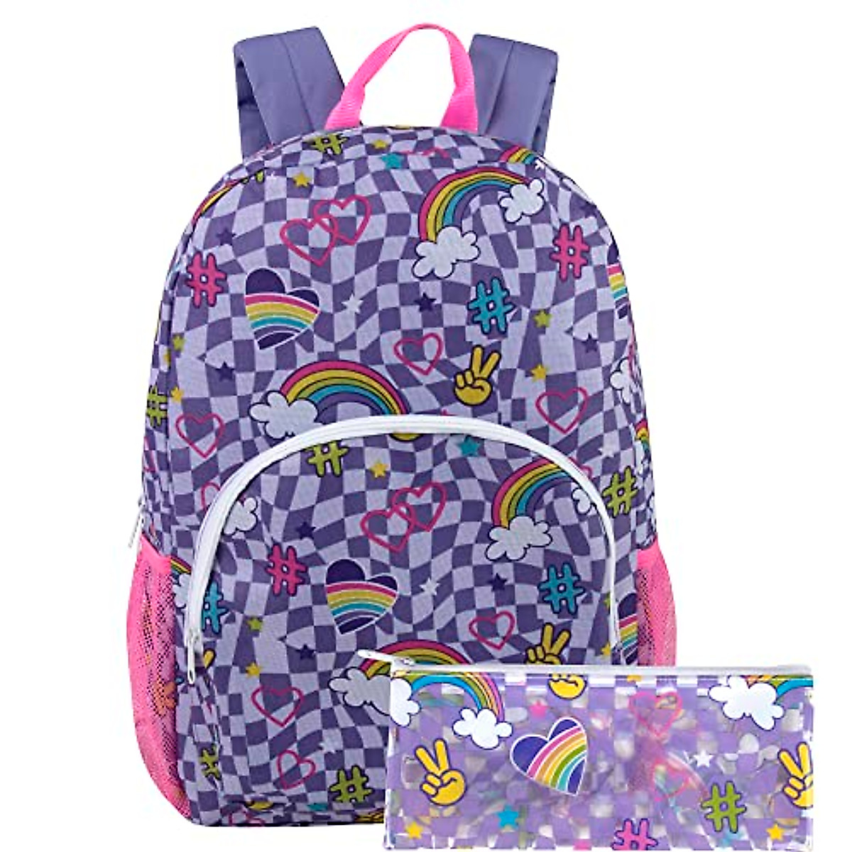 Trail maker 17 Inch Backpack with Side Pockets Backpack and Pencil Case Set for Women (Vintage Vibe Emojis)