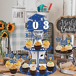 2023 Graduation Cupcake Stand Set - Blue 3-Tier Round Cardboard Cupcake Stand with 24 Pcs Graduation Cupcake Toppers for Graduation Party Supplies