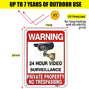 24-Hour Video Surveillance Warning Sign Set of 4 - Aluminum, 10x7 Inches, UV Printed, Deterrent for Private Property Trespassing, No Trespassing Alert Plaque
