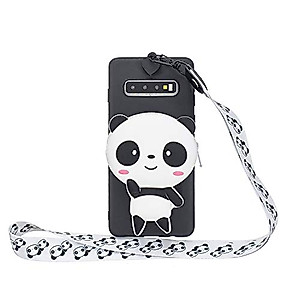 Girlyard for Samsung Galaxy S10 Plus Silicone Case with 3D Cartoon Animal Zipper Wallet Purse Stand Holder Cover and Long Detachable Lanyard Strap Phone Case for Kids Girls,Black Panda
