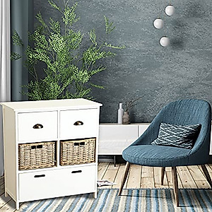 WHW Whole House Worlds Hamptons Decorative Accent Chest with 3 Baskets, Bin Pull Hardware, White, Brown Willow Wicker, Solid Wood, MDF, 13.75 L x 28.0 W x 30.25 H inches, 19.75 lbs