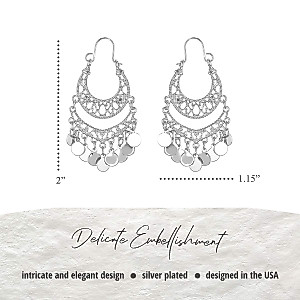Bohemian Boho Chandelier Dangle Drop Earrings for Women – Lightweight Filigree Gypsy Coin Disc Tassel Charm Hoops – included Gift Box (Silver)