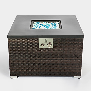 28in Gas Fire Pit Table, 40,000 BTU Outdoor Wicker Patio Propane Firepit w/Faux Wood Tabletop, Clear Glass Rocks, Cover, Hideaway Tank Holder, Lid 9（ Brown）