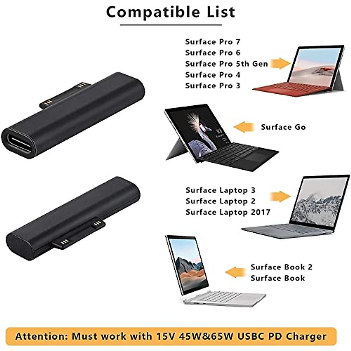 SUPERNIGHT Surface Connect to USB C Charging Adapter 15V 3A, Compatible for Microsoft Surface Pro X/7/6/5/4, Surface Laptop3/2/1, Surface Go/Book[1 PC Only]