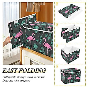 CaTaKu Pink Flamingo Palm Leaves Storage Bins with Lids and Handles, Fabric Large Storage Container Cube Basket with Lid Decorative Storage Boxes for Organizing Clothes