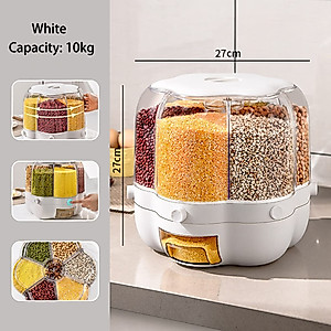 6 Grid Grain Container, 360° Rotating Food Dispenser Measuring Cylinder with Lid, Rice Storage Bucket, Dry Food Dispenser,for Kitchen Storage with Cup, 10kg/12.5kg ( Color : White , Size : 12.5kg )