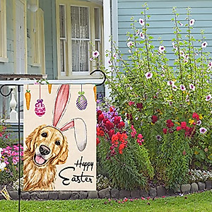Happy Easter Garden Flag 12x18 Double Sided Burlap, Small Vertical Golden Retriever Dog with Rabbit Ear Garden Yard Flags for Spring Easter Decoration (Only Flag)