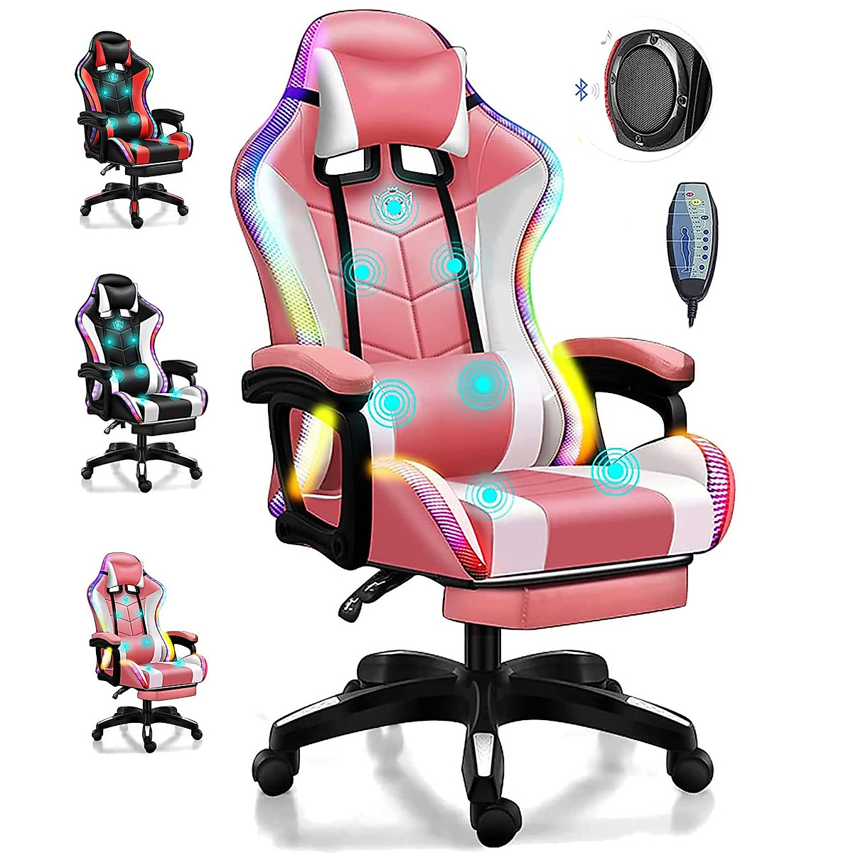 TBQATNTS Gaming Chair with Speakers,Led Gaming Chair,Ergonomic Pro Gaming Chair with Full Massage Lumbar Support Bluetooth Speakers Backrest Adjustable/Gaming Chairs for Adults,Black