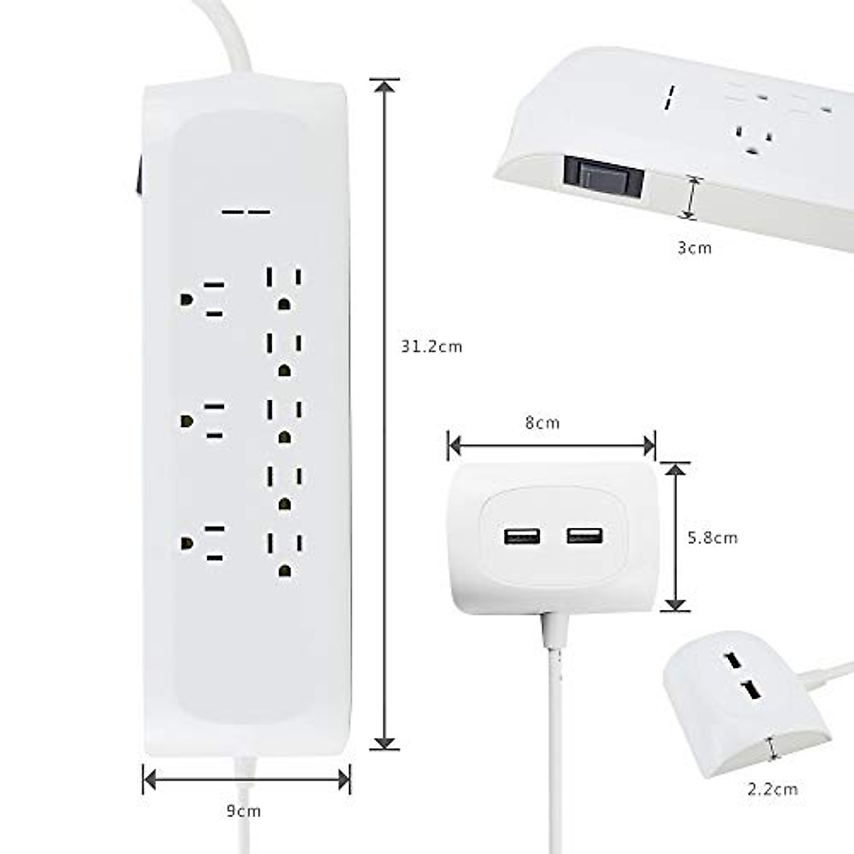 8 Outlet Surge Protector Power Strip with2 USB Charging Ports (2.4A), 6 + 4 FT Extension Cord with Straight Plug, 2400 Joules Overload Portection,Wall Mountable, ETL Listed, White