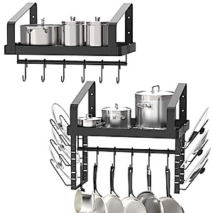 X-cosrack Pot Racks Wall Mounted Set of 2,with Towel Bar and Pots Pans Lids Organizer, Kitchen Cookware Hanging Shelves with 12 Hooks, Black