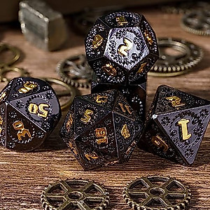 CRITALLIC Metal Dice Set Mechanical Gear Design DND Dice for Dungeons and Dragons, 7PCS Polyhedral D&D Dice with Leather Pouch for Role Playing Games MTG Table Games(Black Golden)