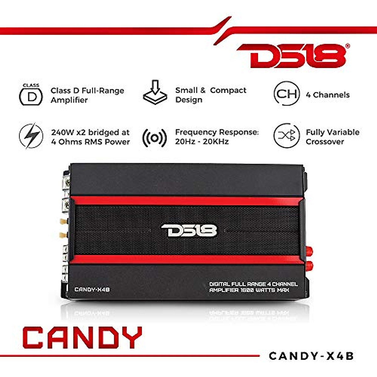 DS18 CANDY-X4B Amplifier in Black - Class D, 4 Channels, 1600 Watts Max, Digital, 2/4 Ohm - Don't Sacrifice Space for Power - Compact Mini Ampflier for Speakers in Car Audio System