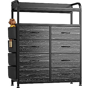 Lulive 8 Drawer Dresser with Shelves, Chest of Drawers for Bedroom with Side Pockets and Hooks Fabric Storage Tower Organizer for Nursery Hallway, Closet, Wood Top (Charcoal Black), (Dressers-HI1349)