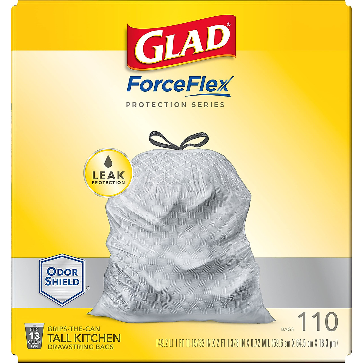GLAD ForceFlex Tall Kitchen Drawstring Trash Bags, 13 Gallon Grey Trash Bag for Kitchen Trash Can, Odor Shield, Odor Eliminator and Leak Protection, 110 Count