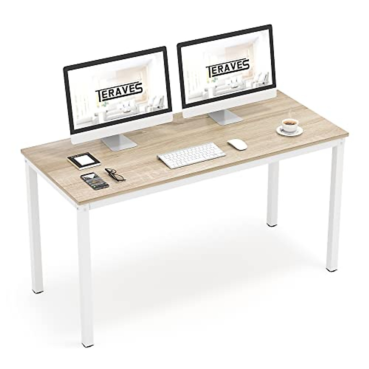Teraves Computer Desk/Dining Table Office Desk Sturdy Writing Workstation for Home Office (47.24”, Beige + White Frame)