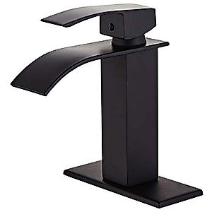 Wovier Matte Black Waterfall Bathroom Sink Faucet with Cover Plate,Single Handle Single Hole Brass Lavatory Vanity Faucet,Basin Mixer Taps with Supply Hose